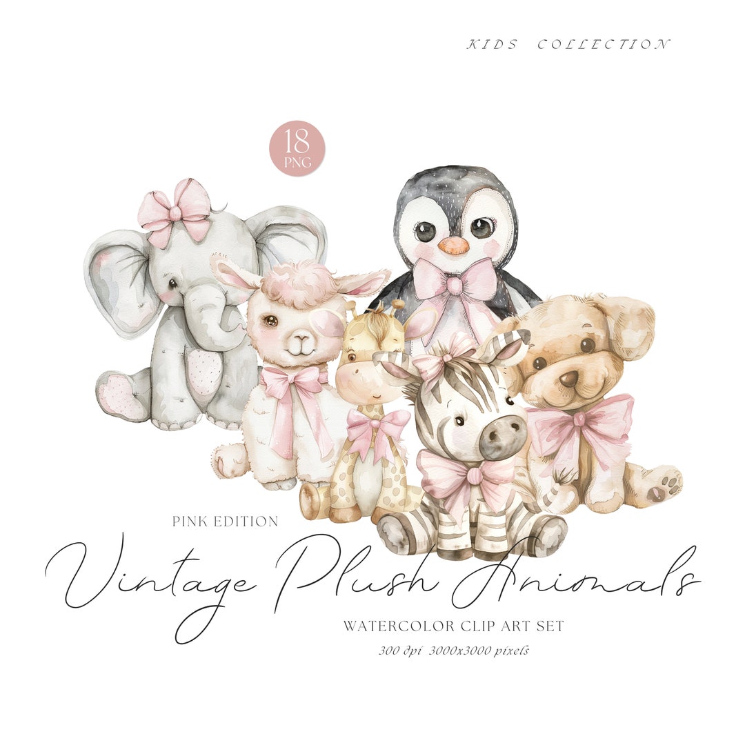 Watercolor Pink Vintage Plush Animals Clipart Bundle, Nursery Animal ...