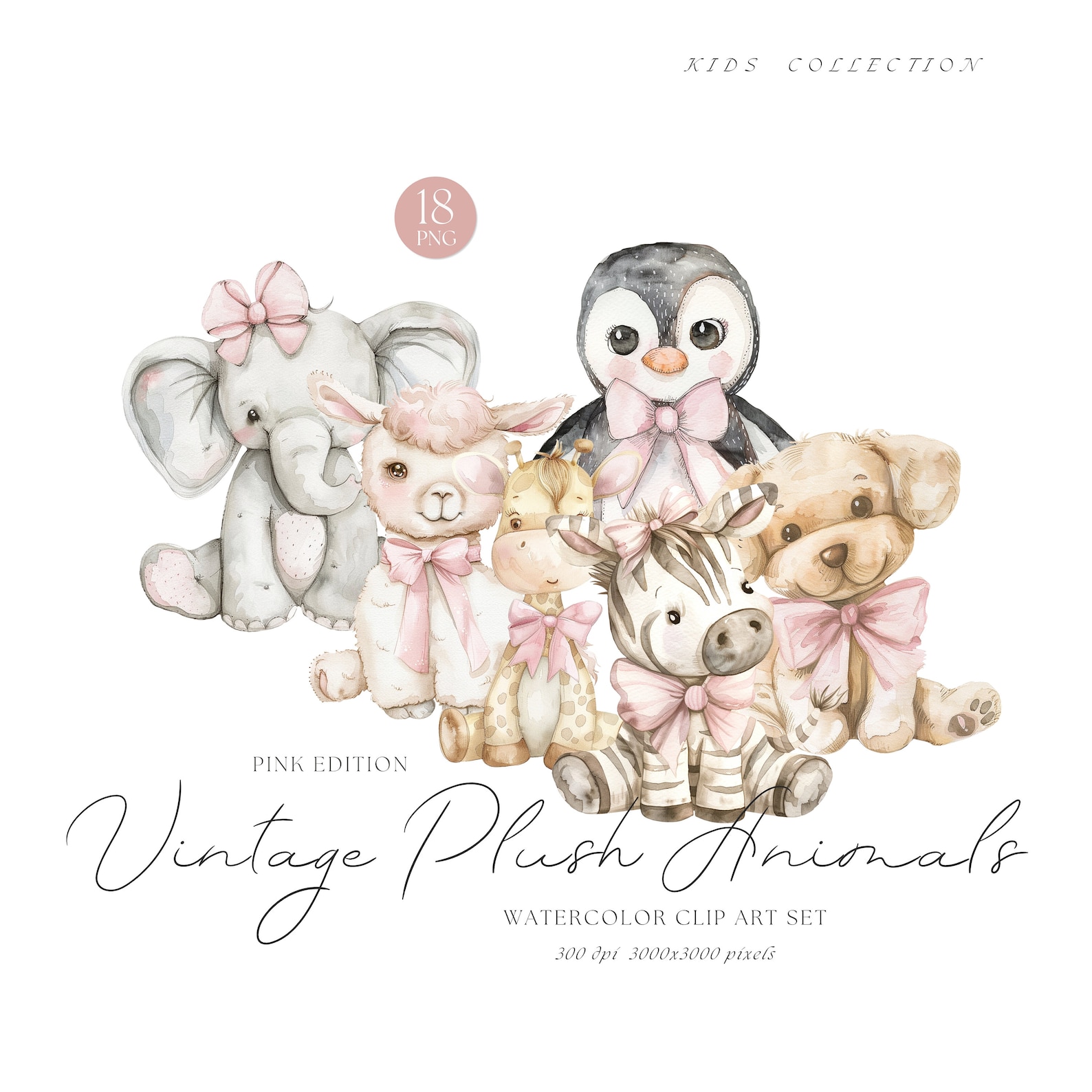 Watercolor Pink Vintage Plush Animals Clipart Bundle, Nursery Animal ...