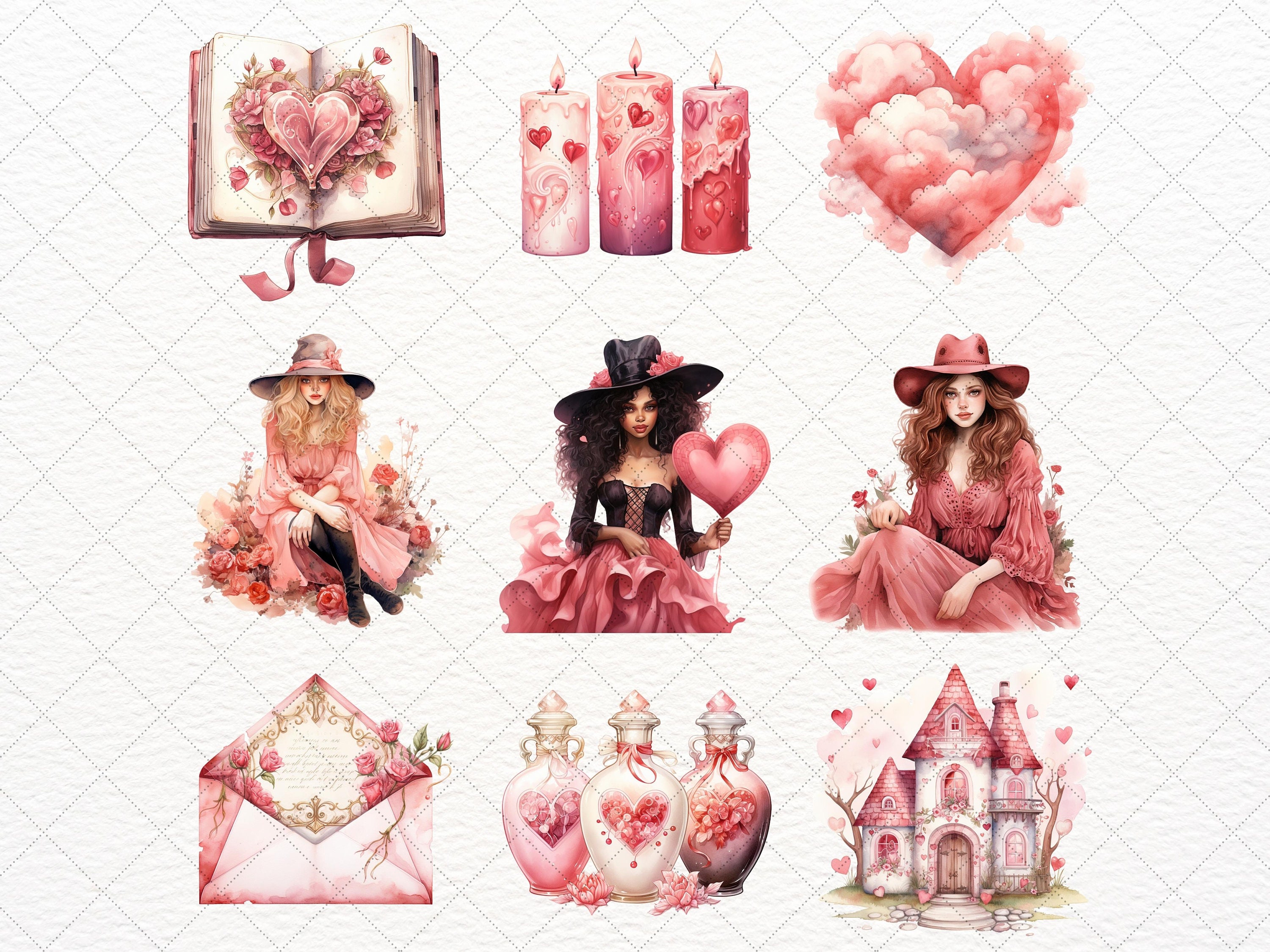 Watercolor Love Witch Clipart Bundle, Romantic Magic Witch Clip Art PNG ...