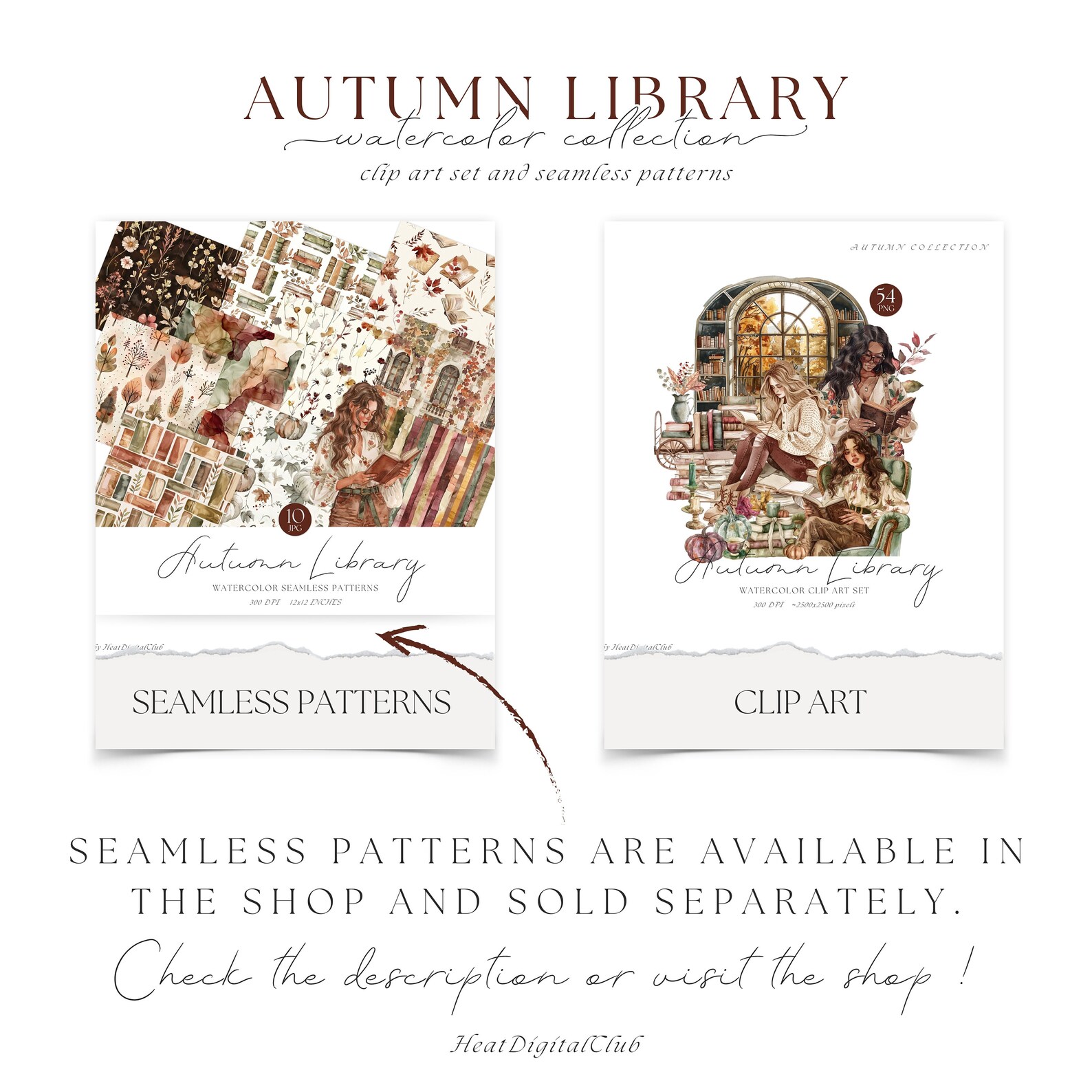 Watercolor Autumn Library Clipart Bundle, Fall Clipart PNG, Books ...