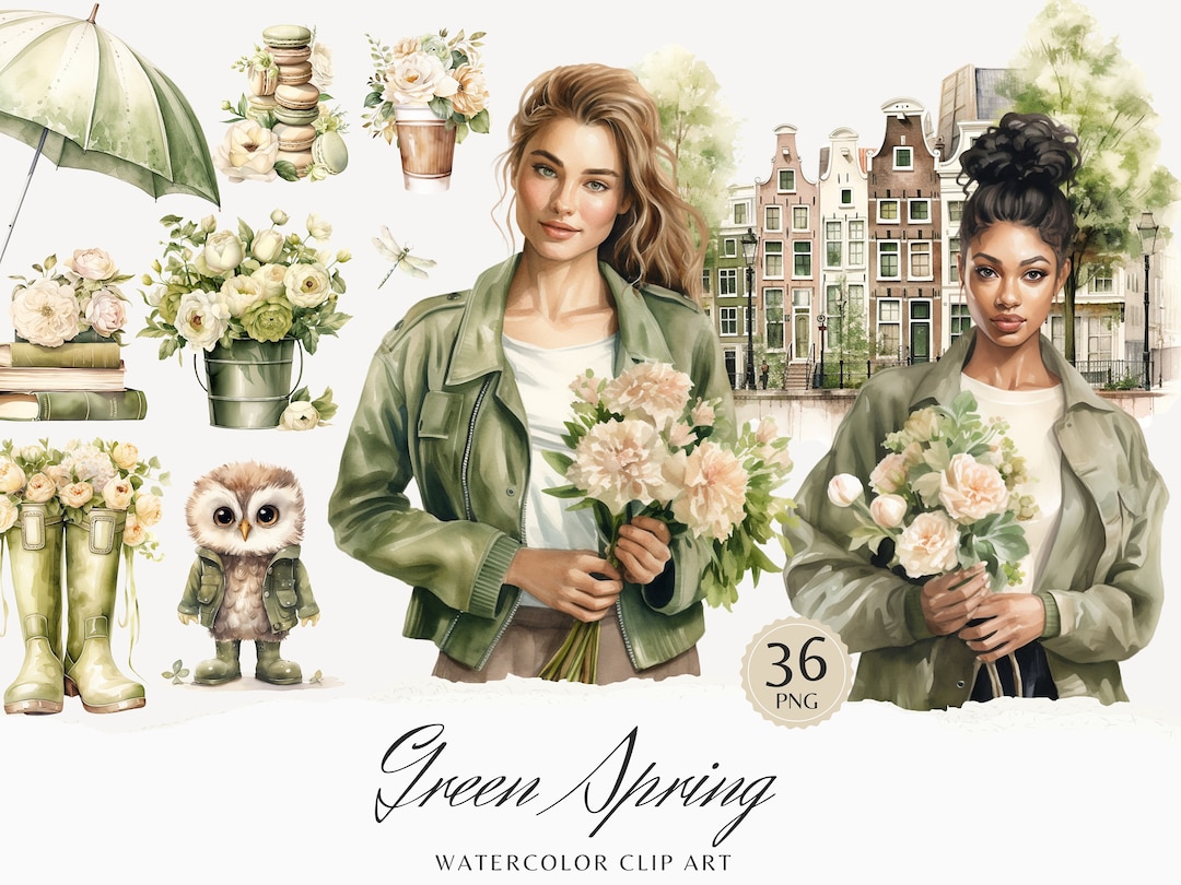 Watercolor Green Spring Clipart, Cozy Spring Clip Art, Floral Graphics ...