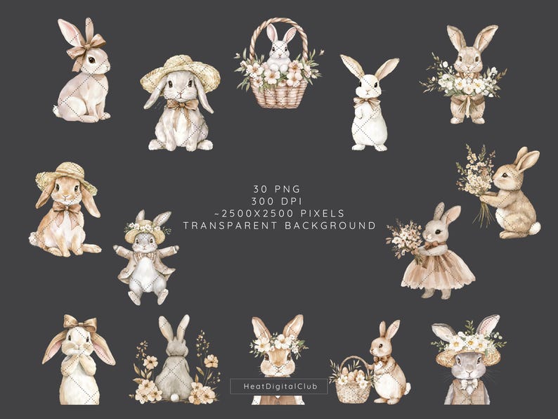 Watercolor Easter Bunnies Clipart, Cute Bunny PNG, Bunnies Clipart ...