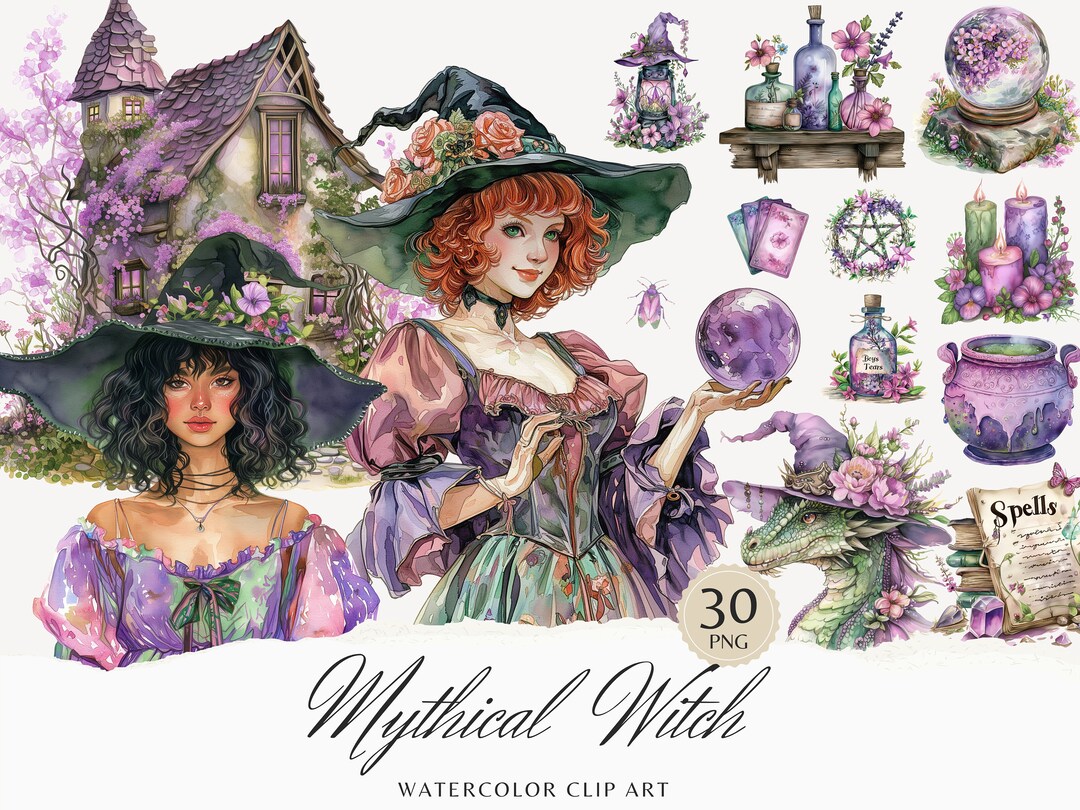 Watercolor Mythical Witch Clipart Bundle, Magic Witch Clip Art PNG ...