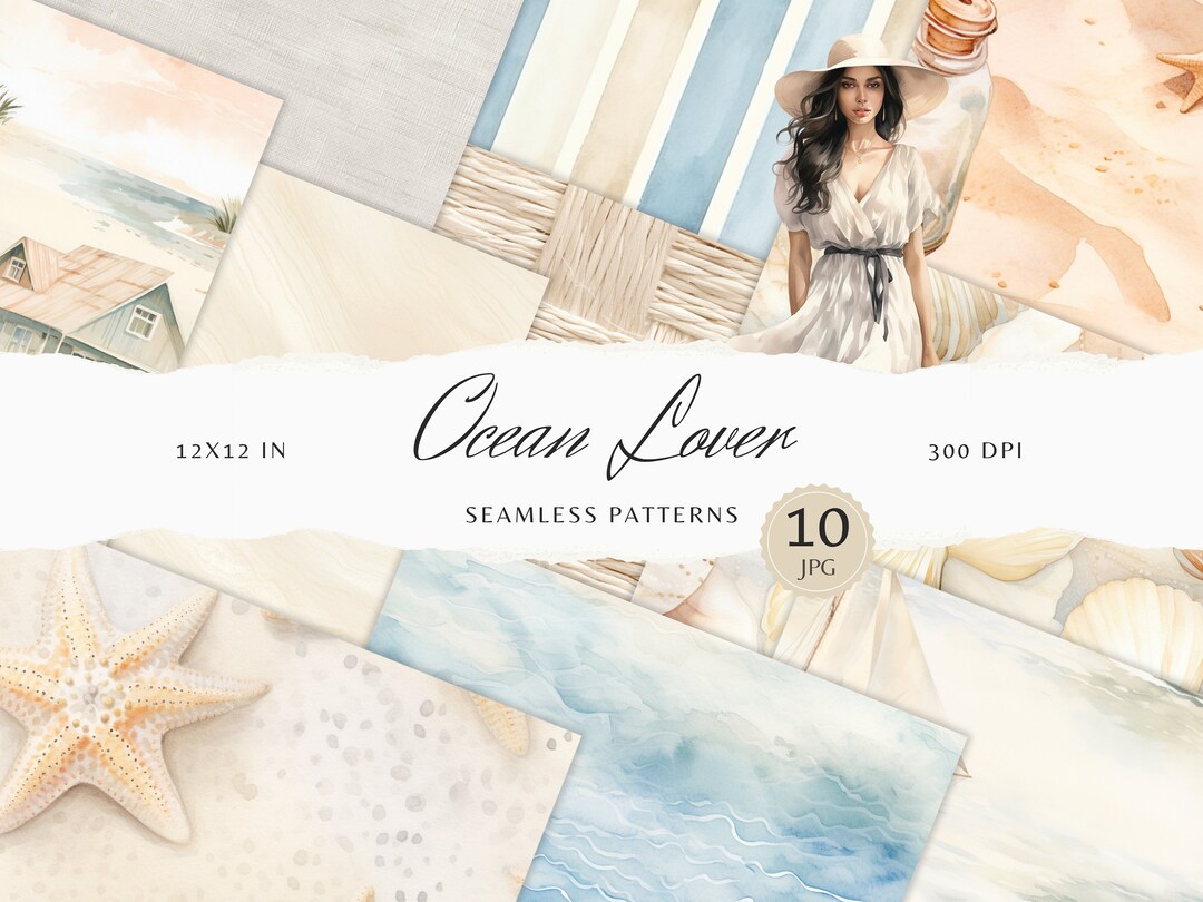 Watercolor Ocean Lover Seamless Patterns, Beach Pattern JPEG, Neutral ...
