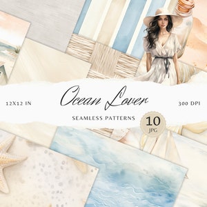 Watercolor Ocean Lover Seamless Patterns, Beach Pattern JPEG, Neutral ...