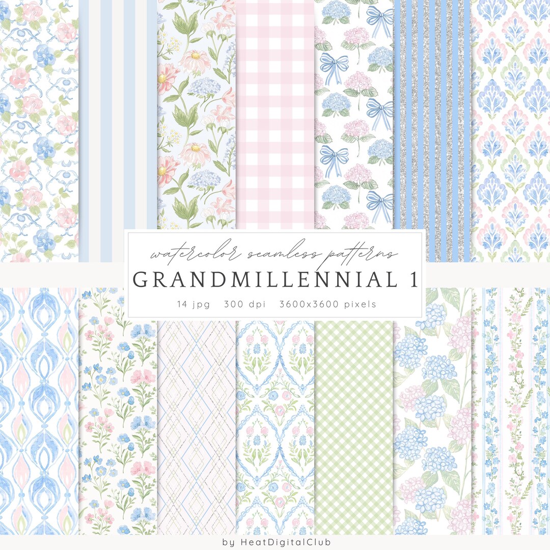 Watercolor Grandmillennial Seamless Patterns, Pastel Floral JPEG ...