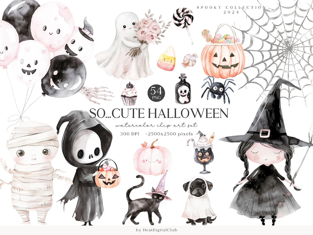 Watercolor Cute Halloween Clipart Bundle, Pastel Spooky Clip Art ...