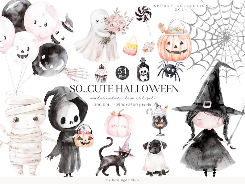 Watercolor Cute Halloween Clipart Bundle, Pastel Spooky Clip Art ...