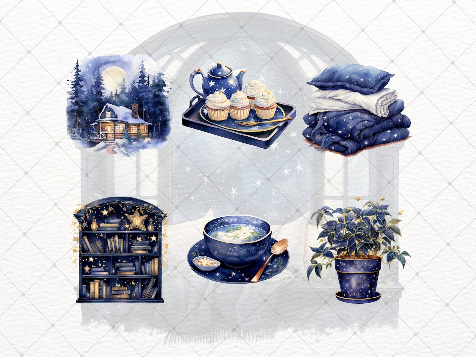 Watercolor Dreamy Night Cottage Living Clipart, Romantic Winter ...