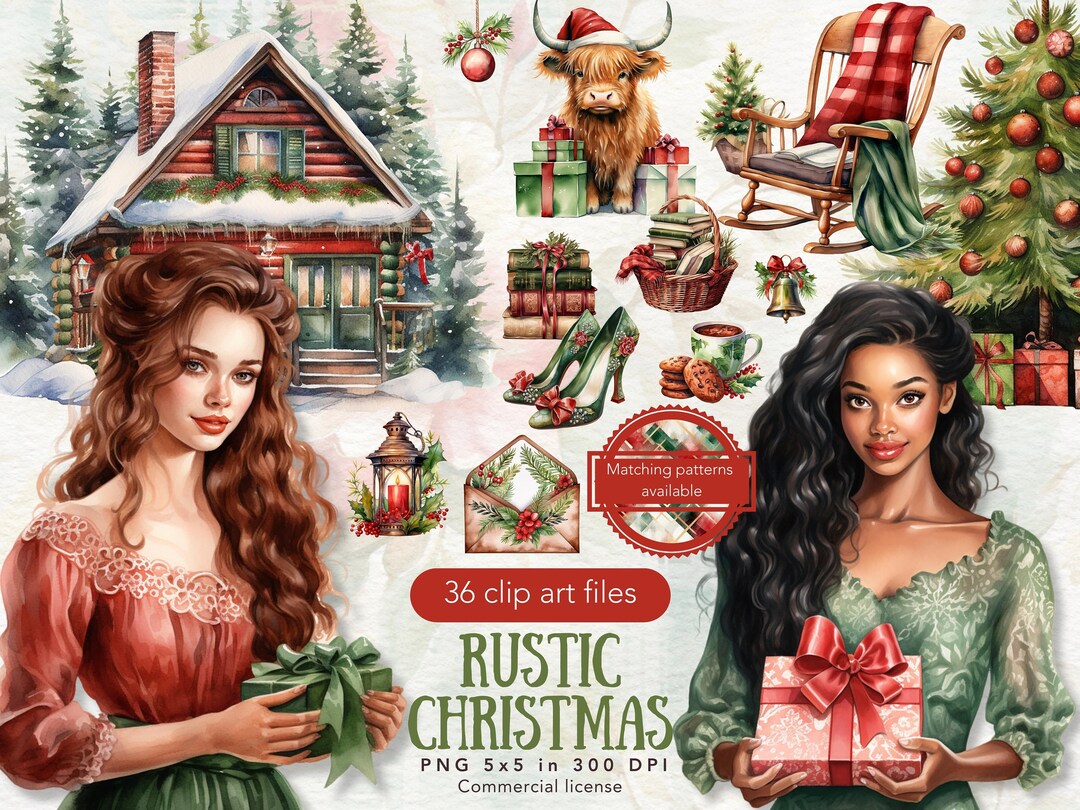 Watercolor Rustic Christmas Clipart Bundle, Farmhouse Holiday Clip Art ...