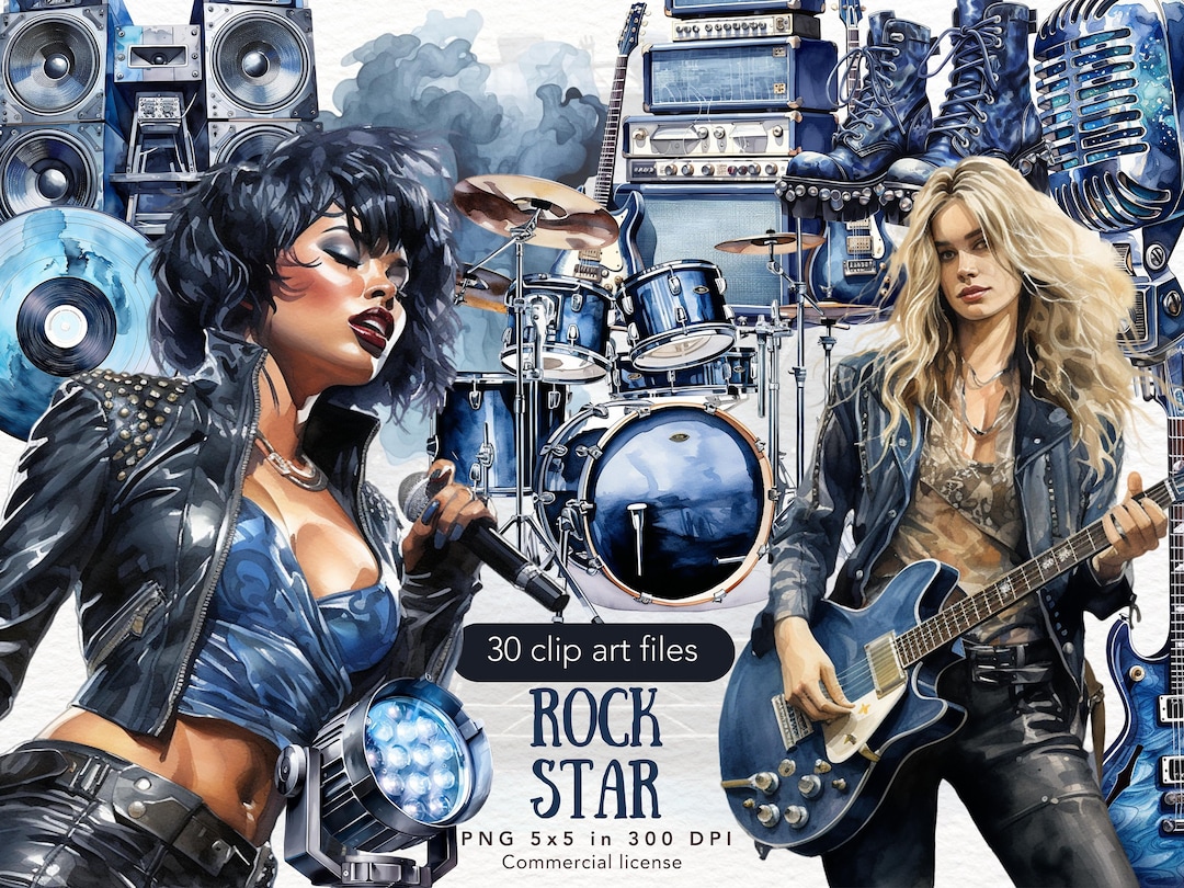 Watercolor Rock Star Clipart Bundle, Rock and Roll Music Clip Art ...
