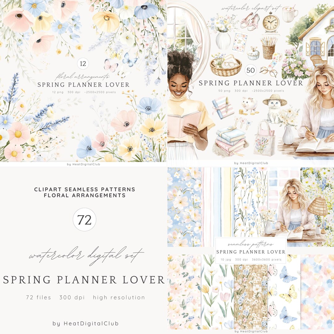 Watercolor Spring Planner Lover Clipart, Planner Clip Art, Planner Girl ...