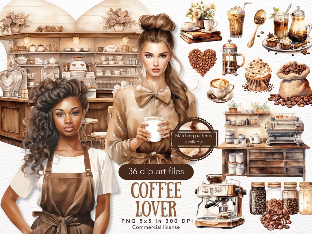 Watercolor Coffee Lover Clipart Bundle, Coffee Drinks Clip Art, Barista ...