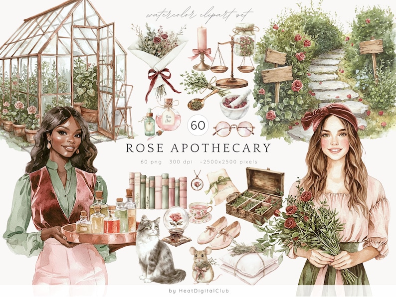Watercolor Rose Apothecary Clipart Set, Vintage Apothecary PNG, Herbs ...