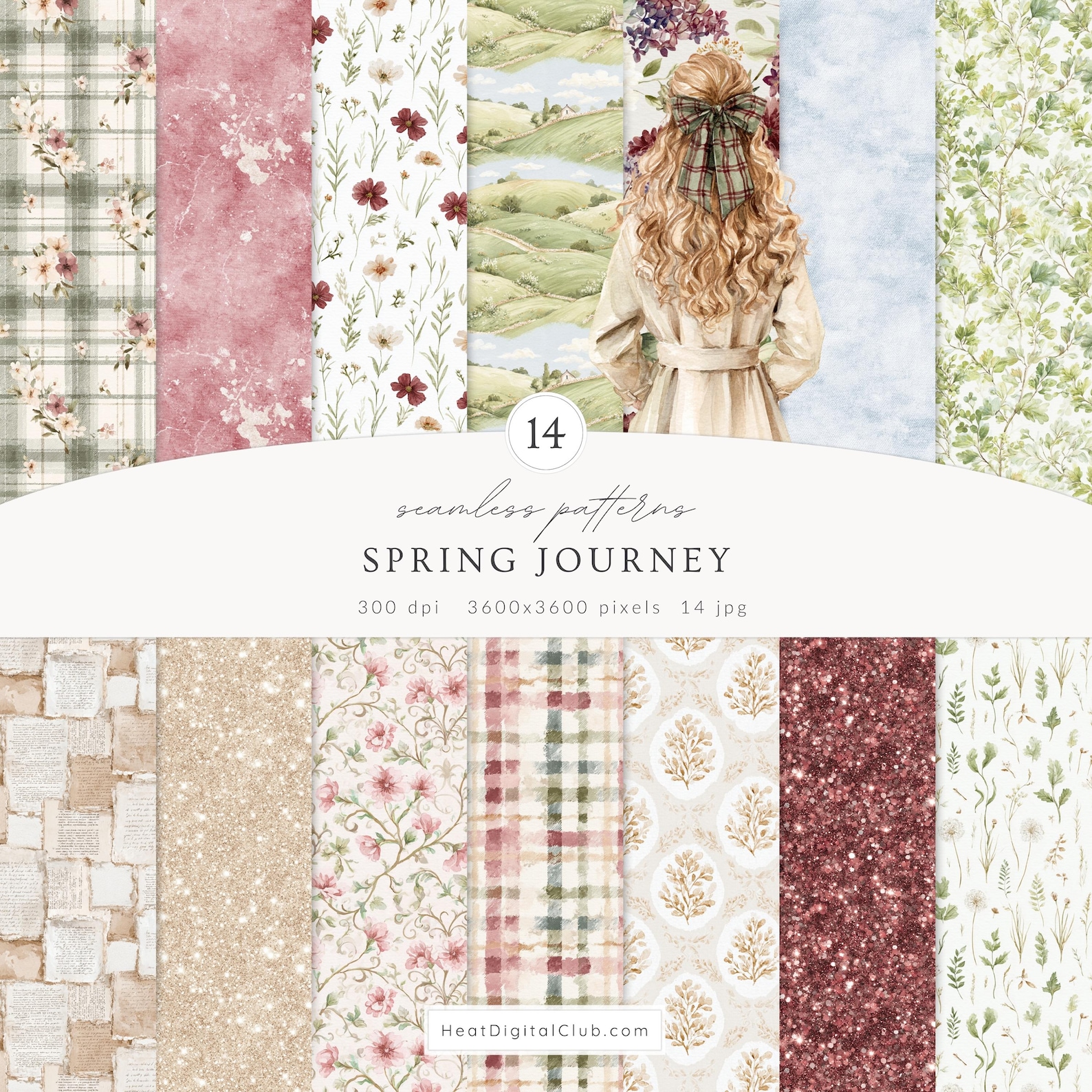 Watercolor Spring Journey Seamless Patterns, JPG Textures, Tartan ...