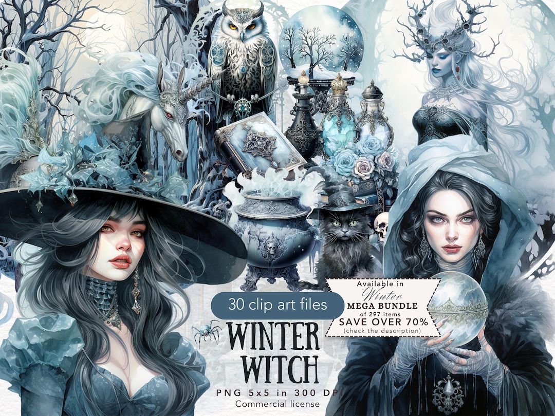 Winter Witch Watercolor Clipart Bundle PNG, Magic Clip Art, Mystical ...