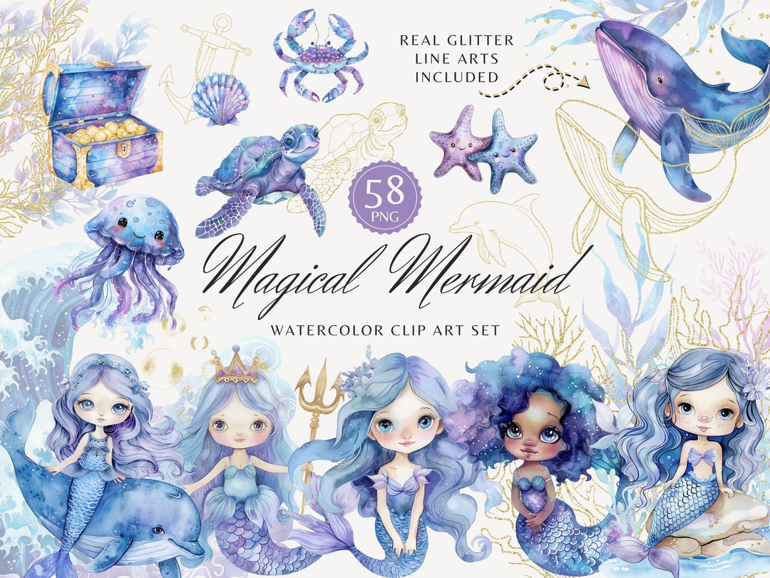 Watercolor Magical Mermaid Clipart Bundle, Mermaid Party Clip Art, Kids ...