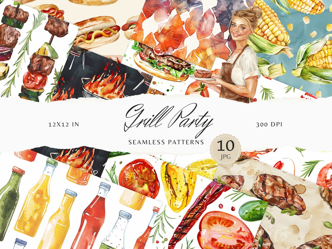 Watercolor Grill Party Seamless Patterns, BBQ Summer Pattern JPEG ...