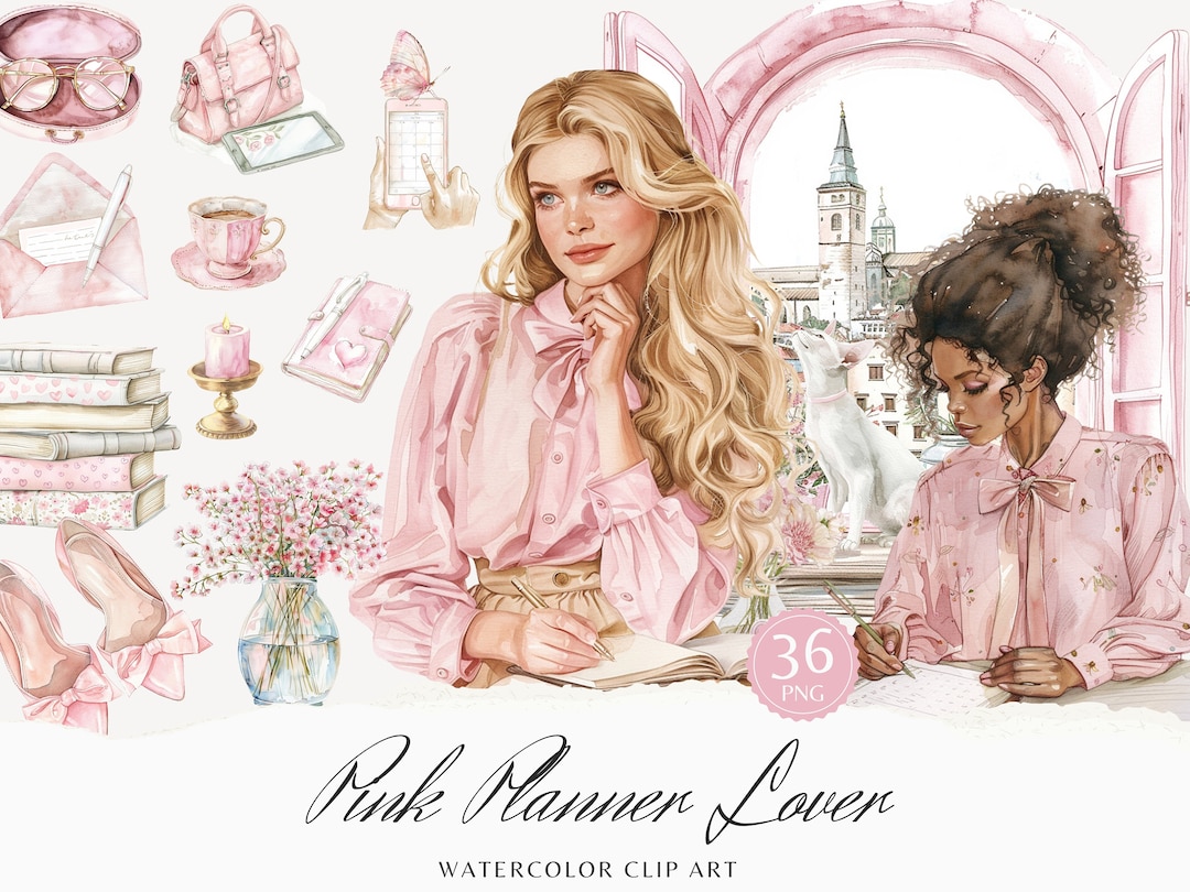 Watercolor Pink Planner Lover Clipart, Planner Clip Art, Planner Girl ...