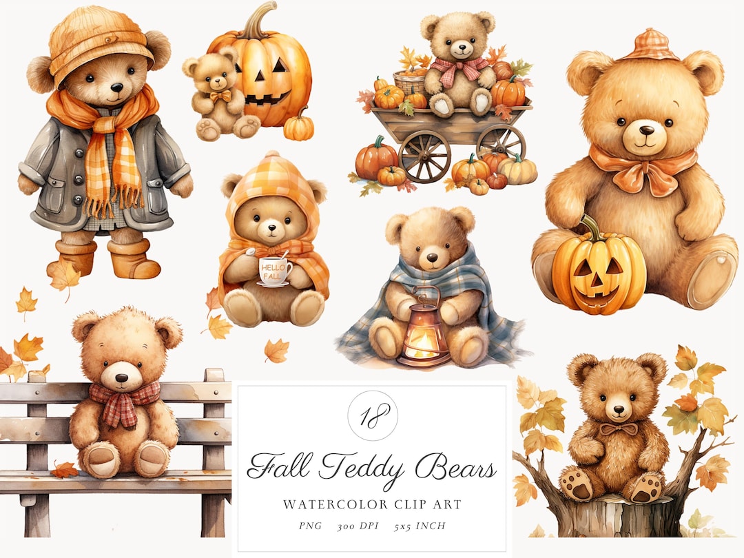 18 Fall Teddy Bears Clipart, Cozy Autumn Watercolor Clip Art, Cute Bear ...
