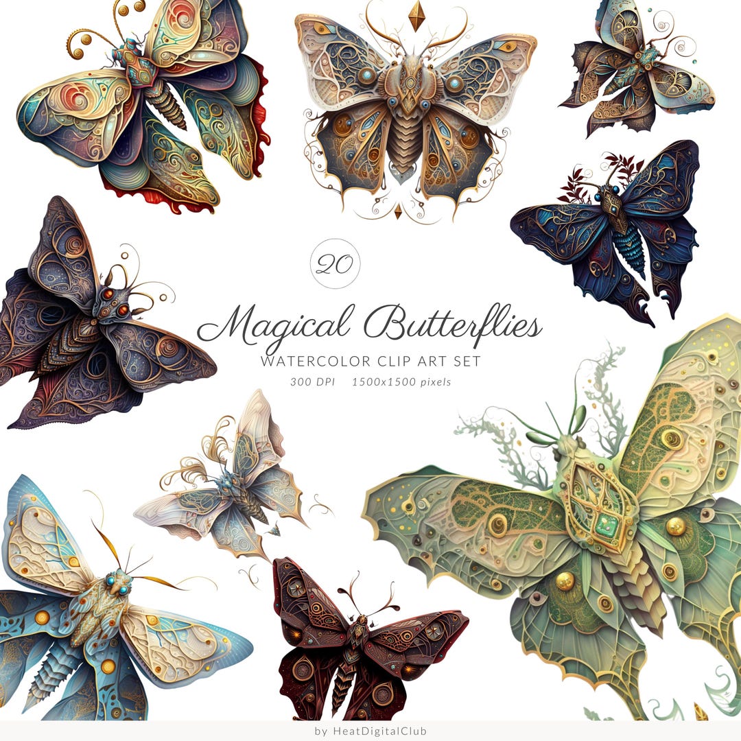 20 Magical Butterflies, Magic Moths, Butterfly PNG Bundle, Witch Clip ...
