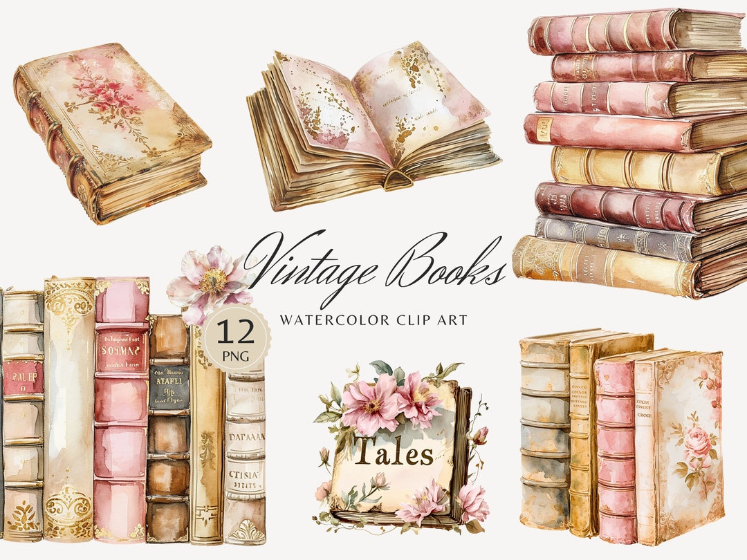 Watercolor Vintage Books Clipart, Book Clip Art, Book Lover, Reading ...