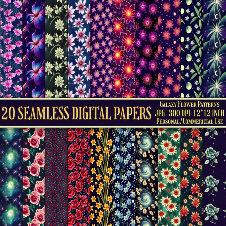 20 Seamless Floral Themed Digital Papers With Galactic - Etsy