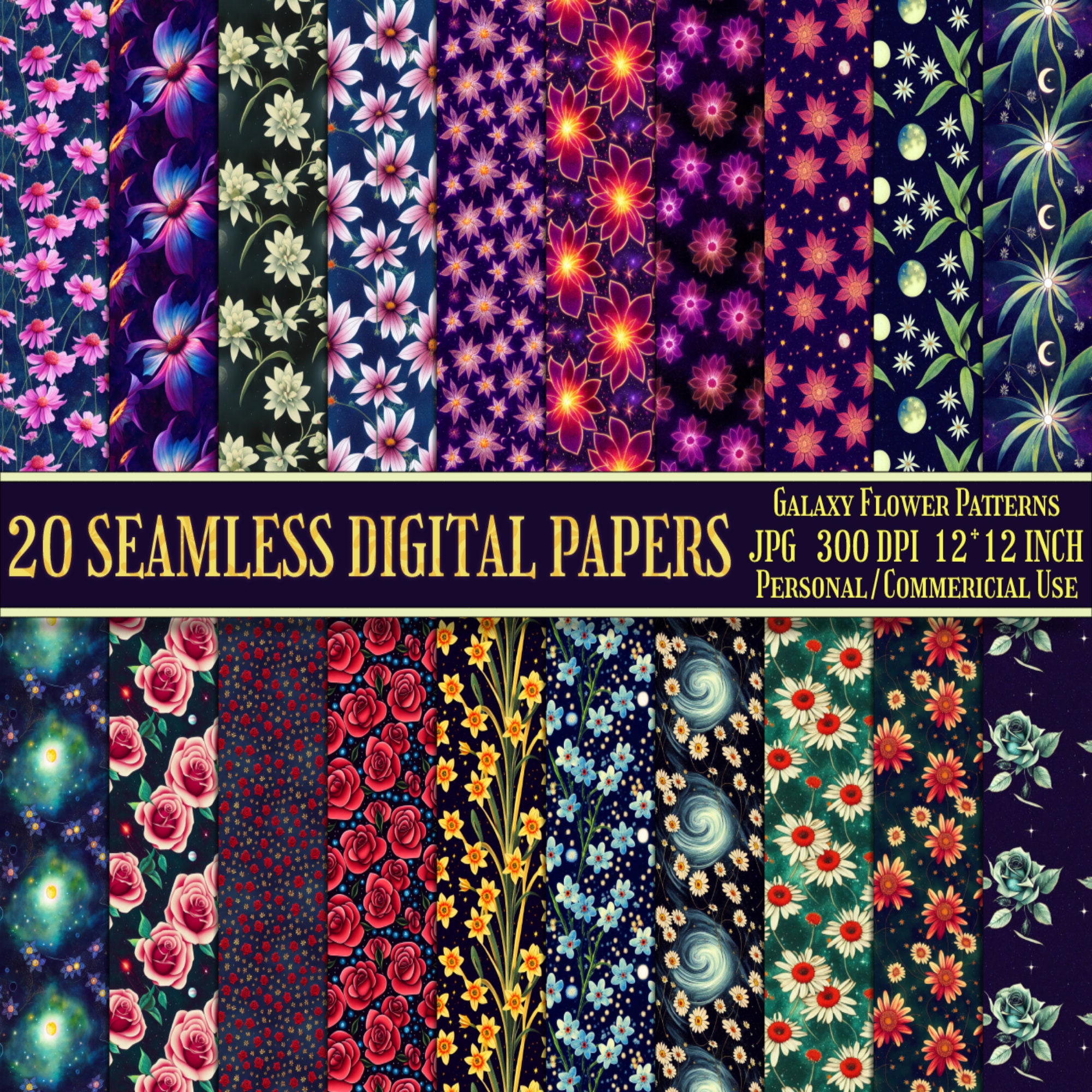 20 Seamless Floral Themed Digital Papers With Galactic Backdrops - Etsy