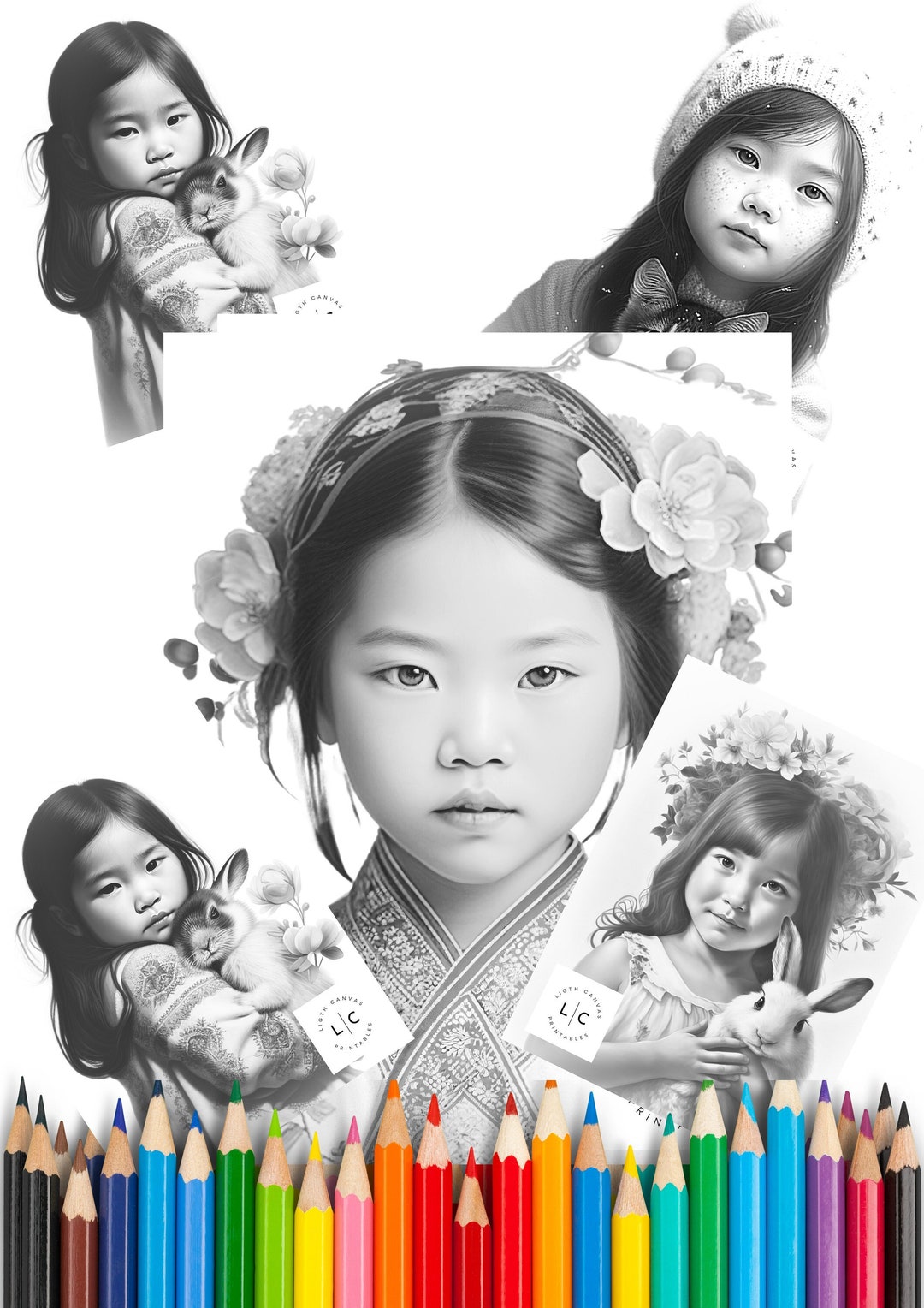 Adult and Kids 5 Coloring Pages. Cute Little Ethnic Asian Girls ...