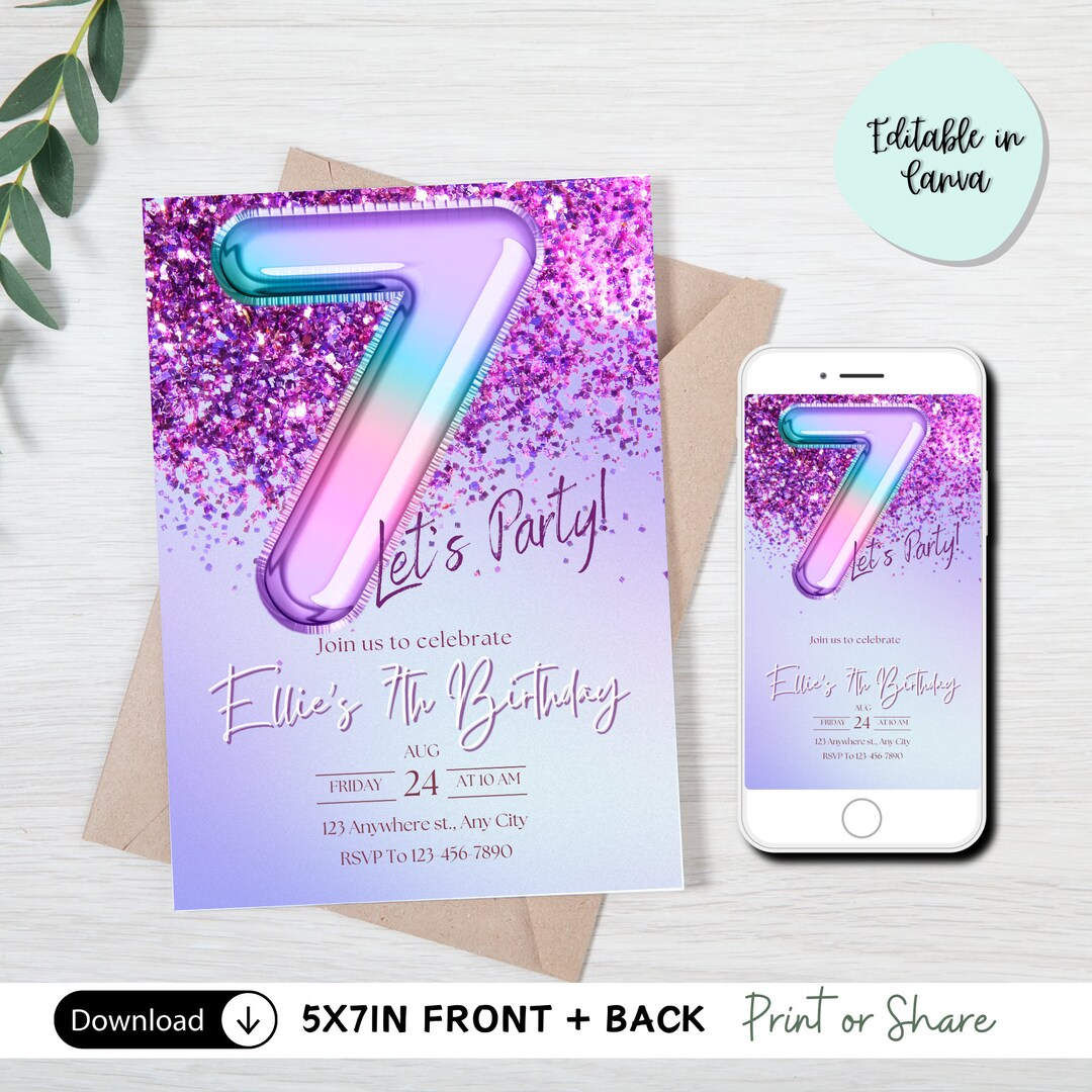 EDITABLE 7th Birthday Girl Invitation, Purple Invitation Template ...