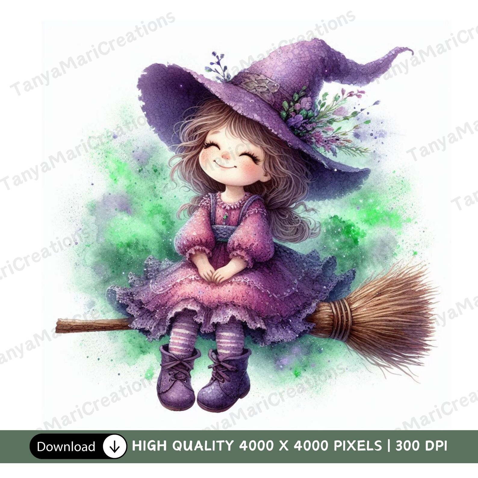 Little Witchful Clipart for Halloween, Cute Purple Witch and Broom ...
