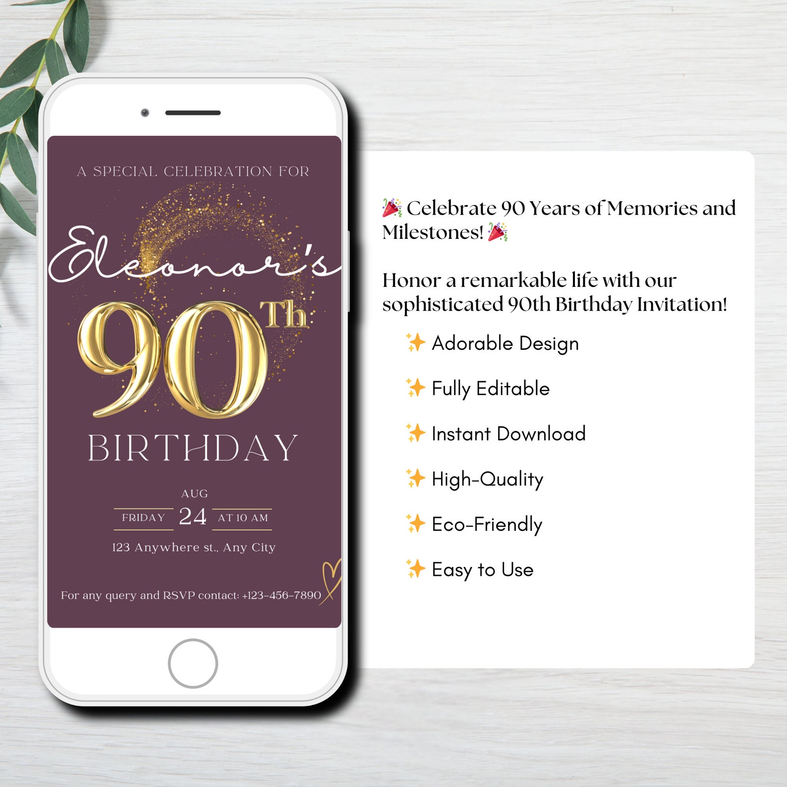 EDITABLE 90th Birthday Invitation, Elegant Gold Theme, for Men, for ...