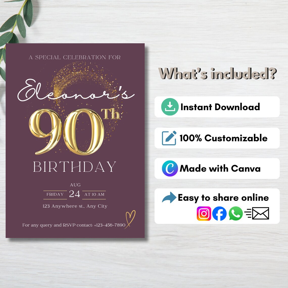 EDITABLE 90th Birthday Invitation, Elegant Gold Theme, for Men, for ...