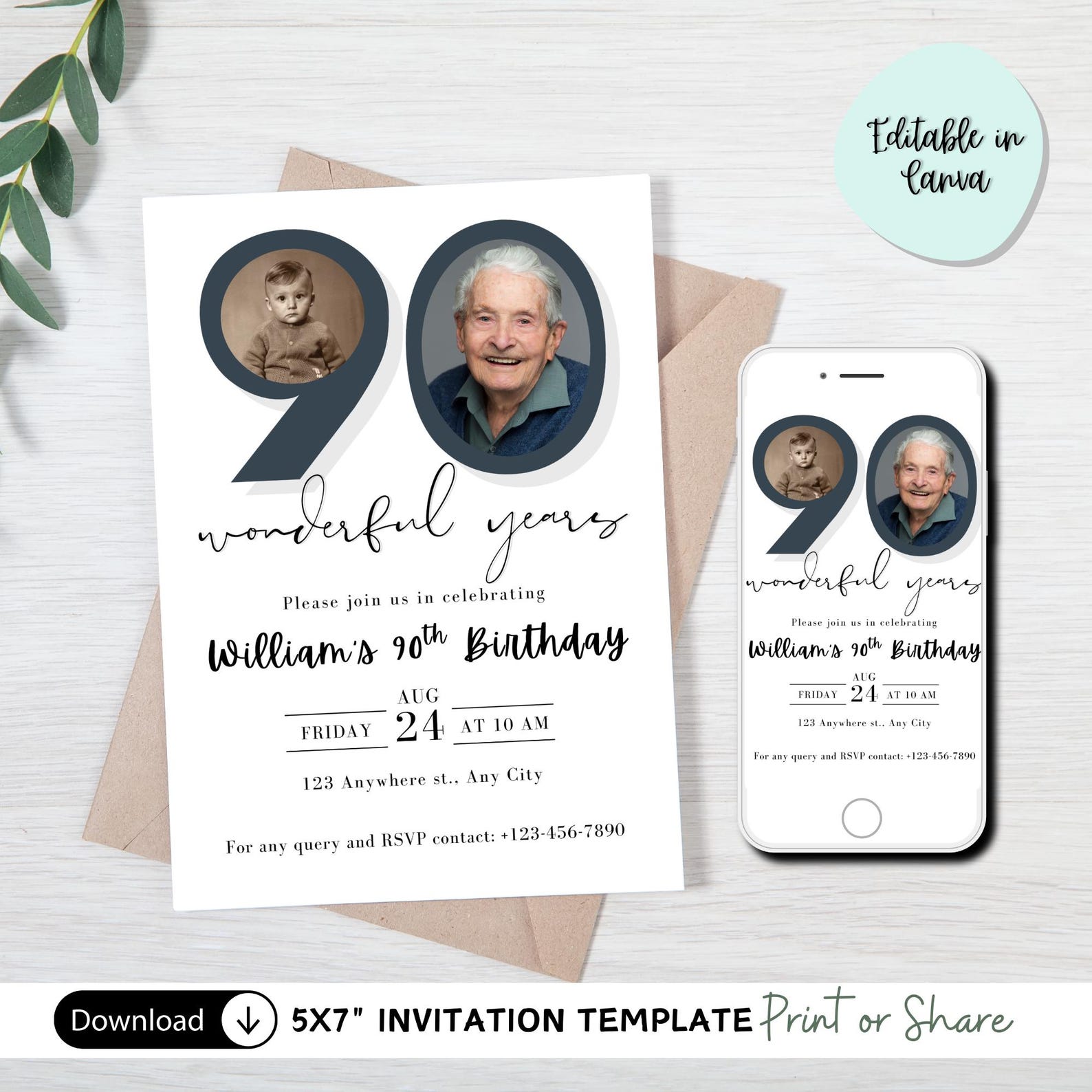 EDITABLE 90th Birthday Invitation, Classic Vintage 90, Modern Design ...