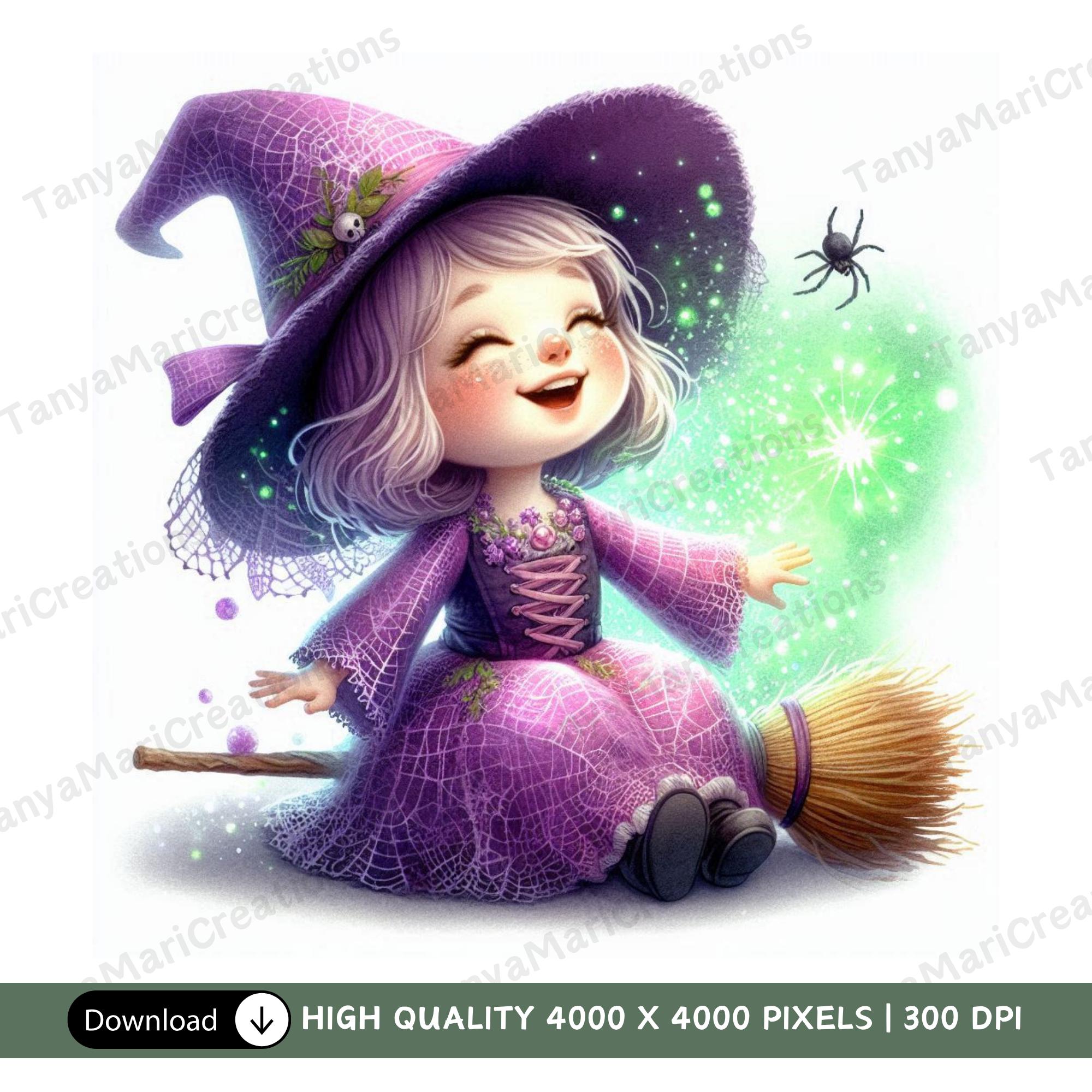 Little Witchful Clipart for Halloween, Cute Purple Witch and Broom ...