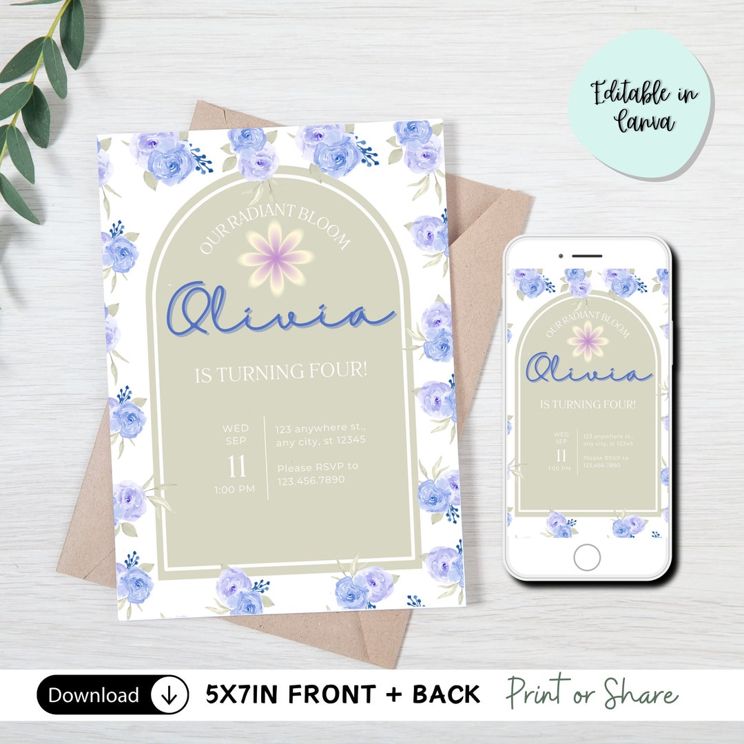 EDITABLE Invitation Rose Theme Birthday, Blue Rose Theme Party, Floral ...