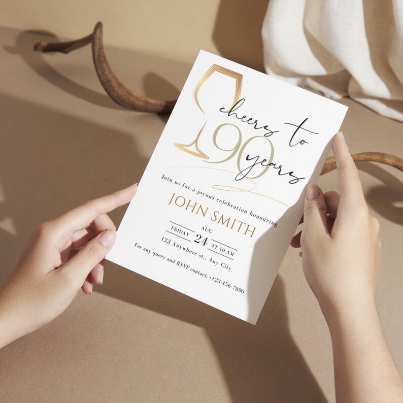 EDITABLE 90th Birthday Invitation, Cheers to 90 Years, Elegant Gold ...