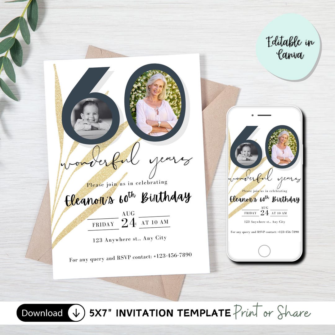 EDITABLE 60th Birthday Invitation, Classic Vintage 60, Modern Design ...