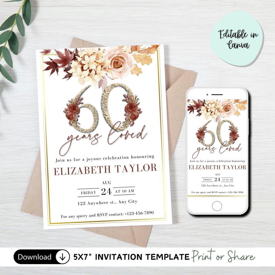 EDITABLE 60th Birthday Invitation for Women, Elegant Rustic Gold Theme ...