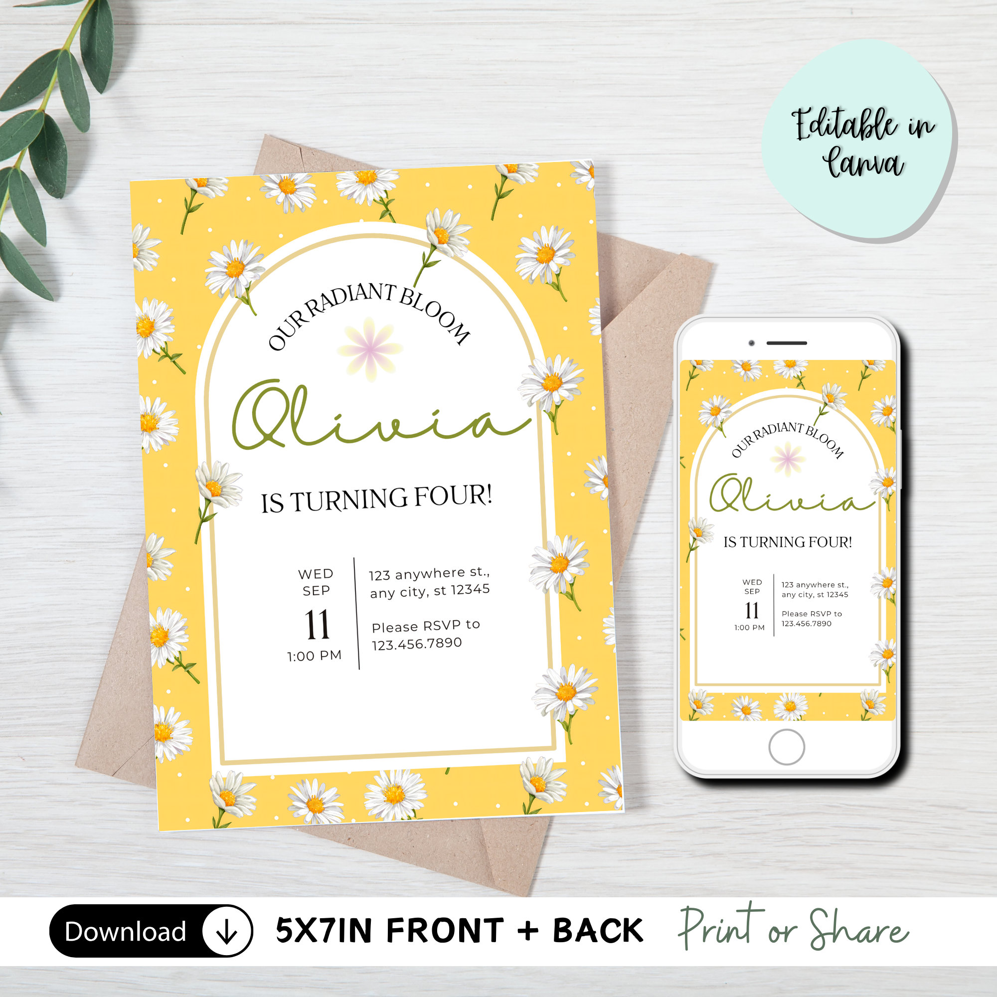 EDITABLE Daisy Theme Birthday Invitation, Daisy Theme Party, Yellow ...