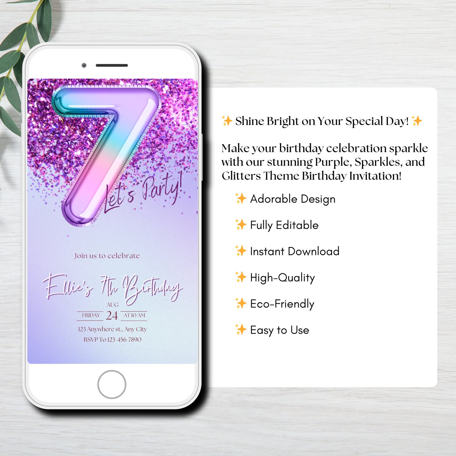 EDITABLE 7th Birthday Girl Invitation, Purple Invitation Template ...