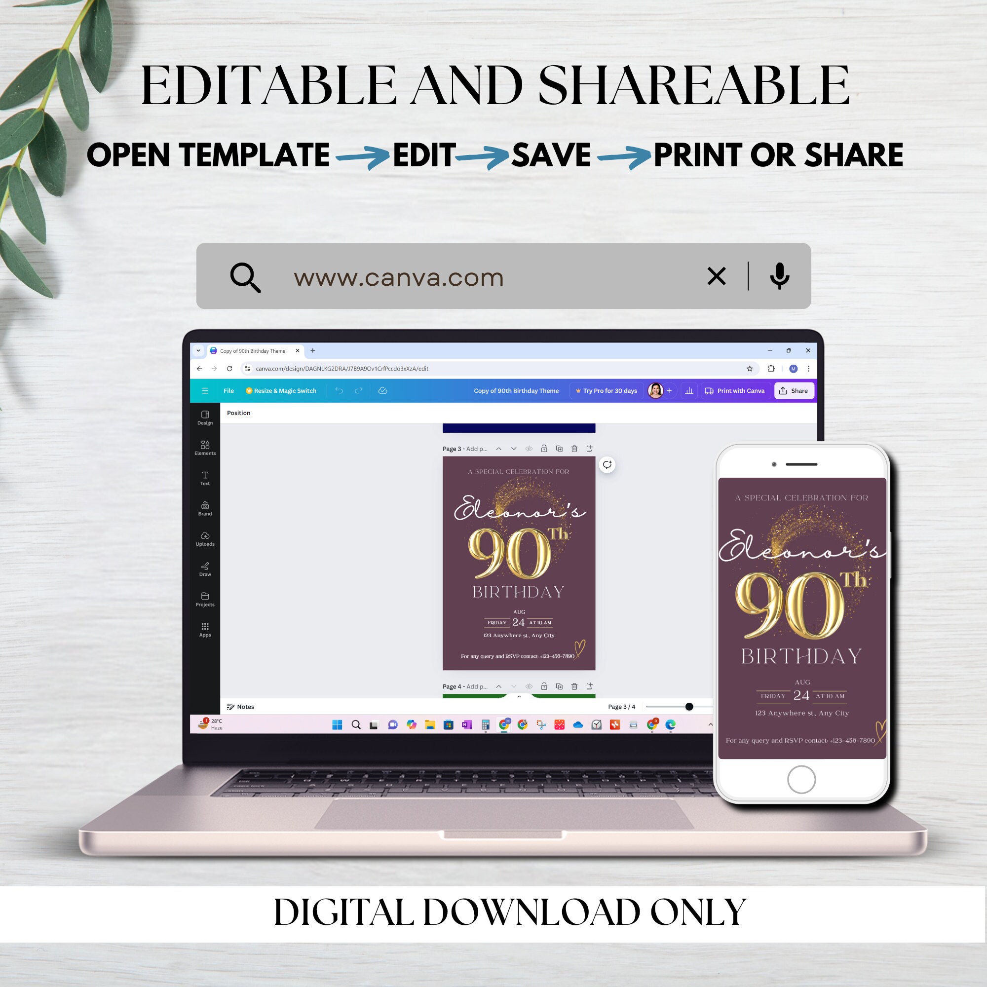 EDITABLE 90th Birthday Invitation, Elegant Gold Theme, for Men, for ...