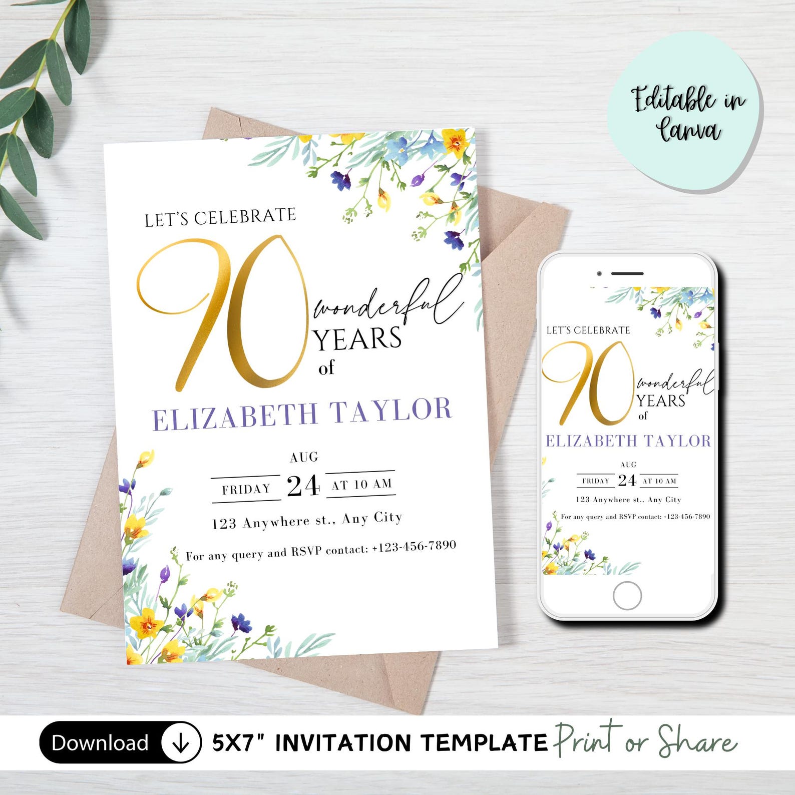 EDITABLE 90th Birthday Invitation, Elegant Gold Floral Theme, for Men ...