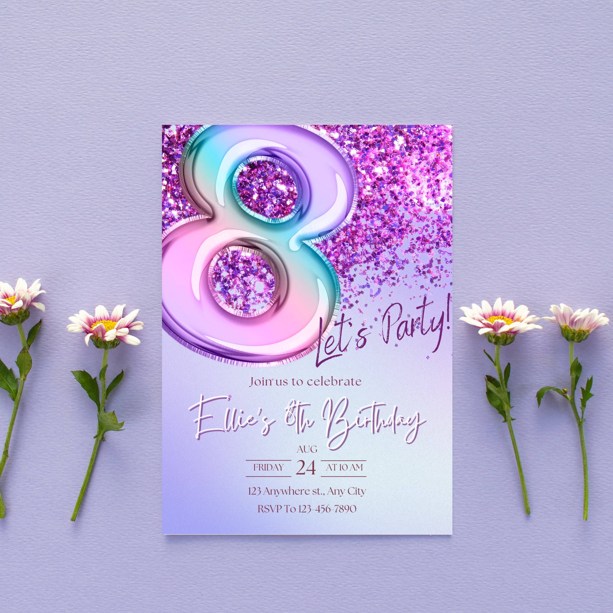 EDITABLE 8th Birthday Girl Invitation, Purple Invitation Template ...