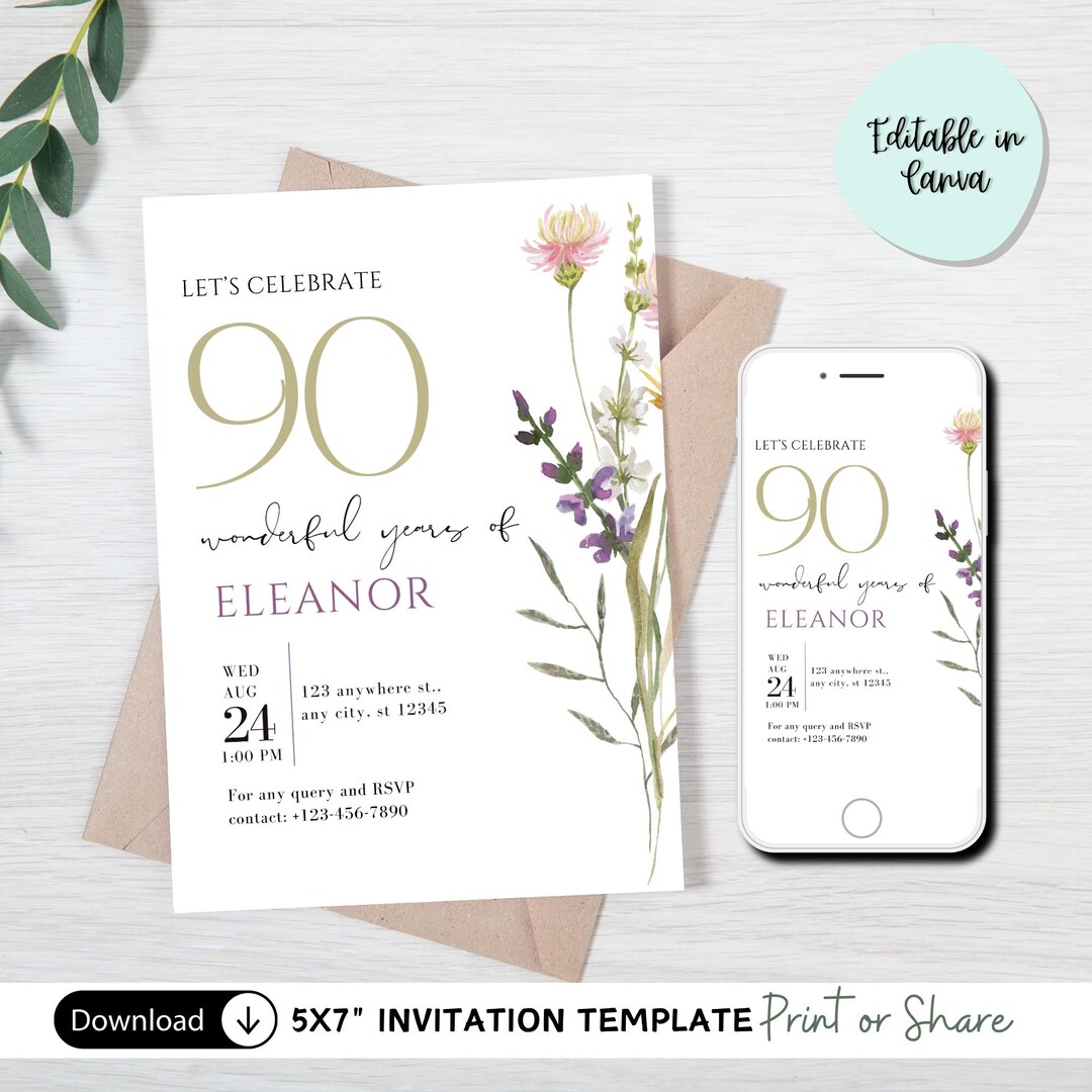 EDITABLE 90th Birthday Invitation, Elegant Floral Theme, for Men, for ...