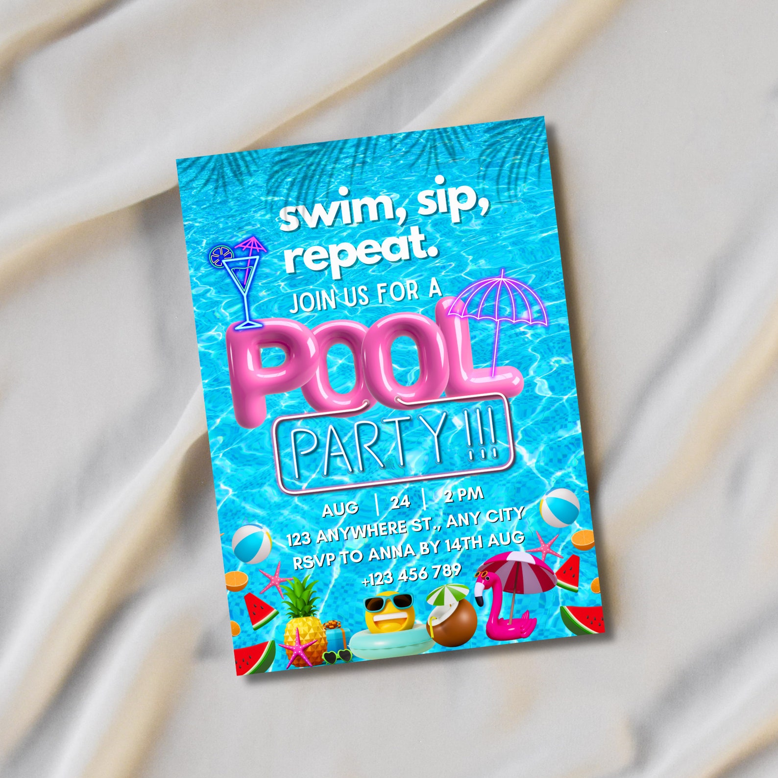 Editable Pool Party Invitation, Girls Pool Party Invitation, Pool Party ...