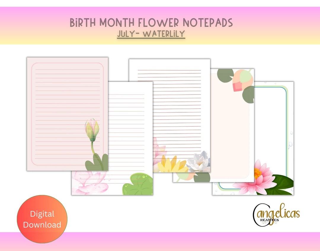 July Notepads, Birth Month Flower Notepads, Water Lily Design Notepads ...
