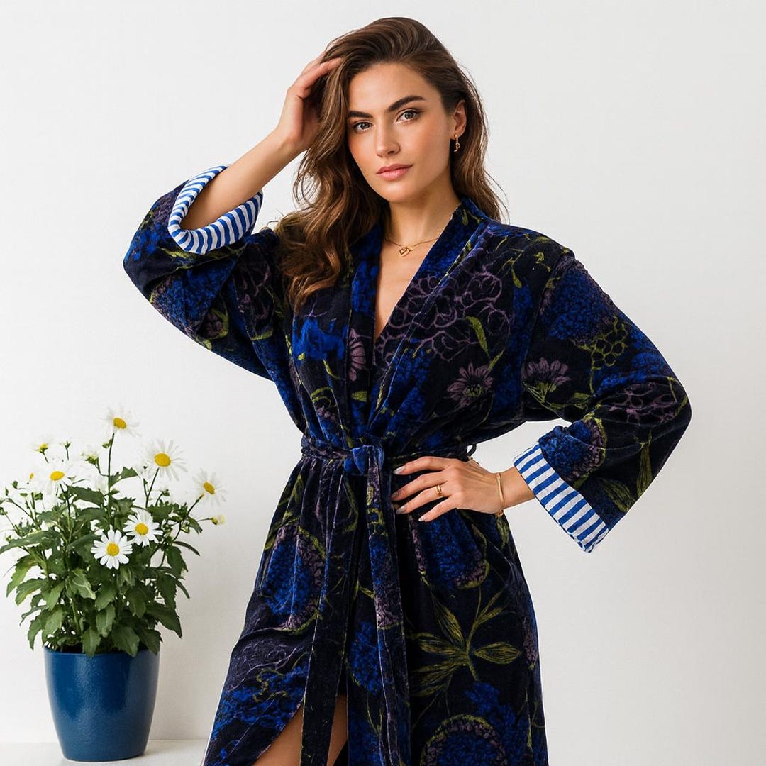 Luxury Blue Velvet Kimono New Collection Bridal Morning Tea Robe Winter ...