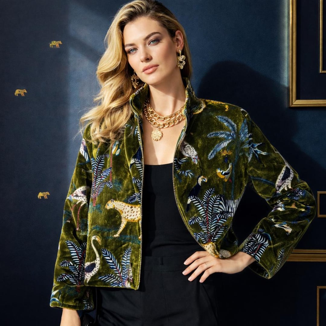 Green Velvet Animal Print Bomber Jacket, Unisex Safari Overcoat Short ...