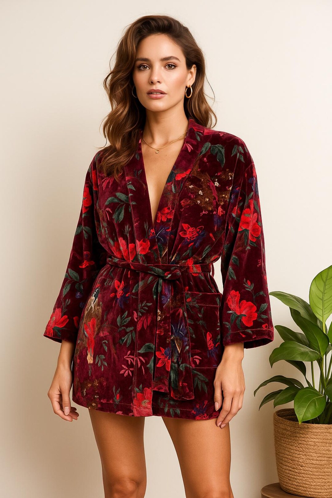Reversible Floral Velvet Kimono Robe - Red Velvet Morning Tea Robes ...